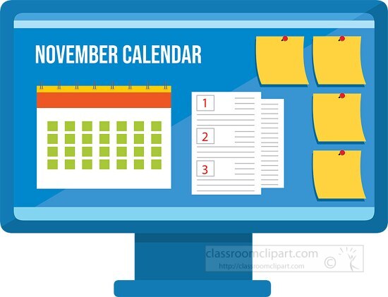 november calendar with post notes on computer screen clipart ...