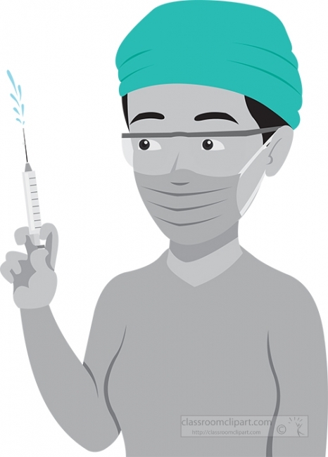 nurse wearing mask holding syringe injection in hand gray color ...