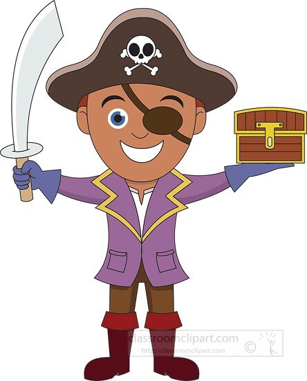 one eyed pirate with tresure and sword clipart - Classroom Clip Art