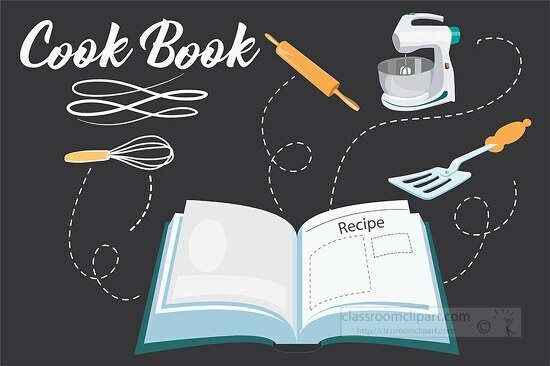 open recipe book with cooking supplies clipart - Classroom Clip Art