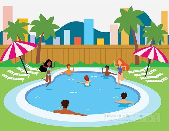 people enjoying backyard swimming pool during hot summer clipart ...