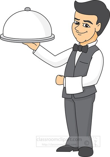 professional waiter holding covered food - Classroom Clip Art