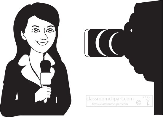 reporter lady in front of camera black outline clipart - Classroom Clipart
