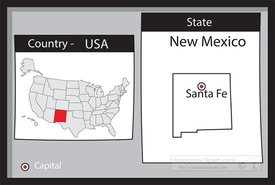 santa fe new mexico state us map with capital bw gray - Classroom Clipart