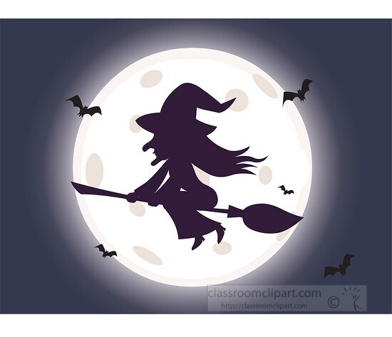 scarry witch flying on broomstick in front of fullmoon halloween ...