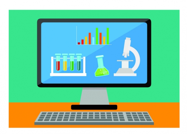 science icons on computer monitor - Classroom Clip Art