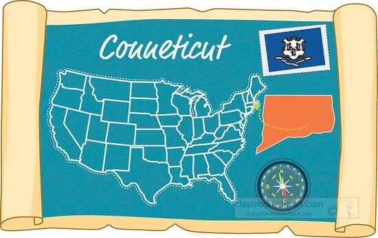 scrolled usa map showing connecticut state map flag clipart - Classroom ...