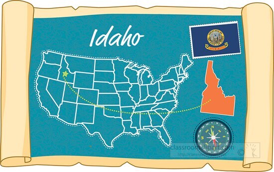 scrolled usa map showing idaho state map flag clipart - Classroom Clip Art