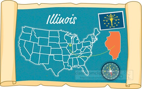 scrolled usa map showing illinois state map flag clipart - Classroom ...