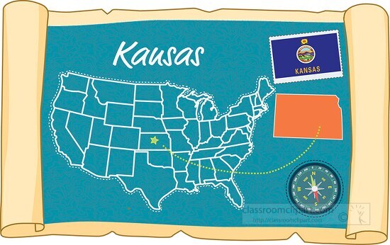 scrolled usa map showing kansas state map flag clipart - Classroom Clip Art