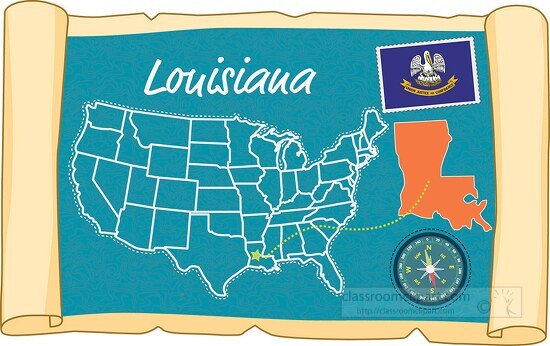scrolled usa map showing louisiana state map flag clipart - Classroom ...