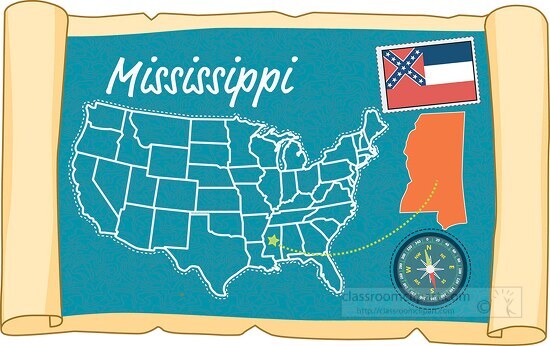 Free scrolled usa map showing mississippi state map flag clipart ...