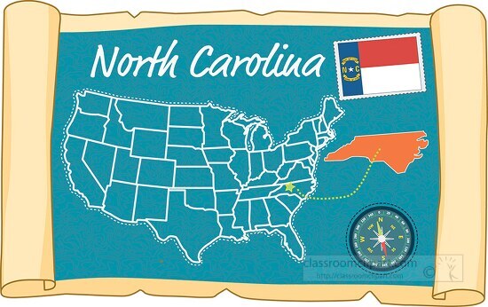 scrolled usa map showing north carolina state map flag clipart ...