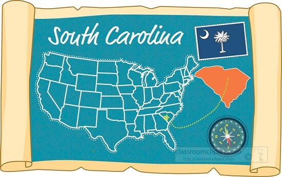 scrolled usa map showing south carolina state map flag clipart ...