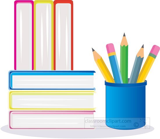 stack of books with pencil holder clipart - Classroom Clipart