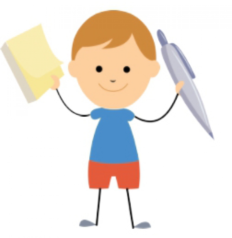 student holding pen paper pad animated clipart - Classroom Clip Art