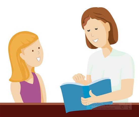 teacher holding book working with student - Classroom Clip Art