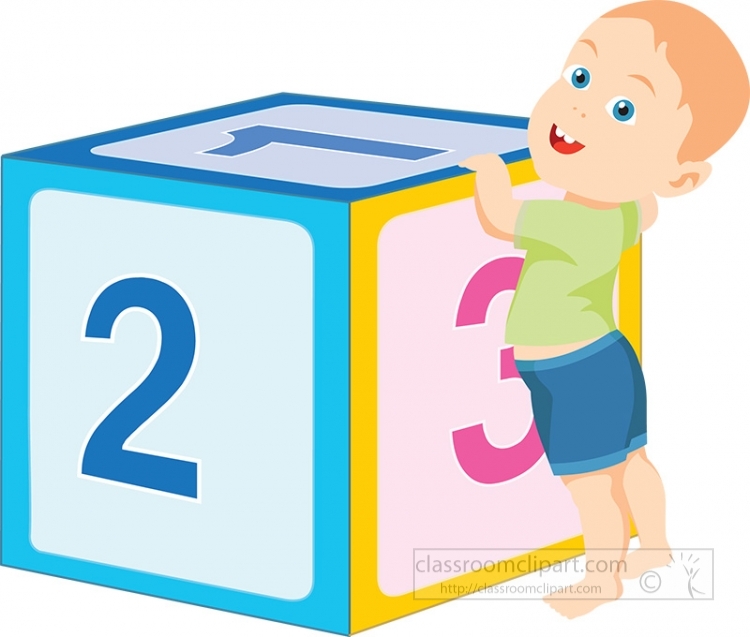 toddler boy standing beside large number block - Classroom Clipart