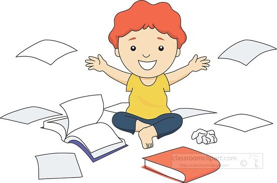 toddler creating mess with books - Classroom Clip Art