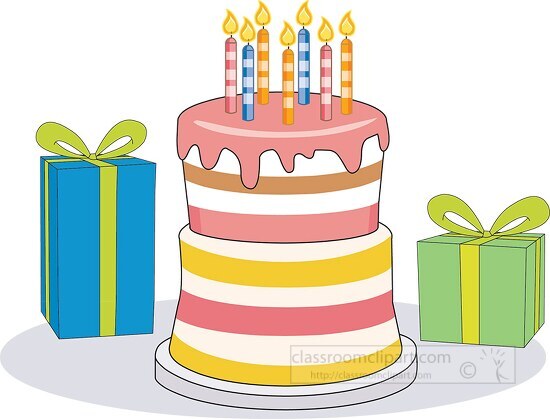 two layered birthday cake with candles surrounded by gifts - Classroom ...