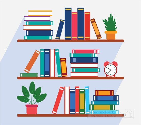 wall bookshelves with books and plants clipart - Classroom Clip Art