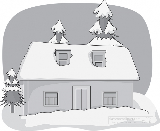 winter snow house trees gray - Classroom Clip Art