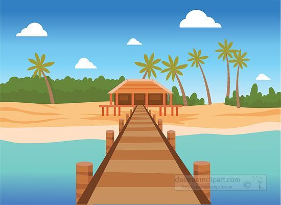 wooden jetty clipart on tropical island - Classroom Clip Art