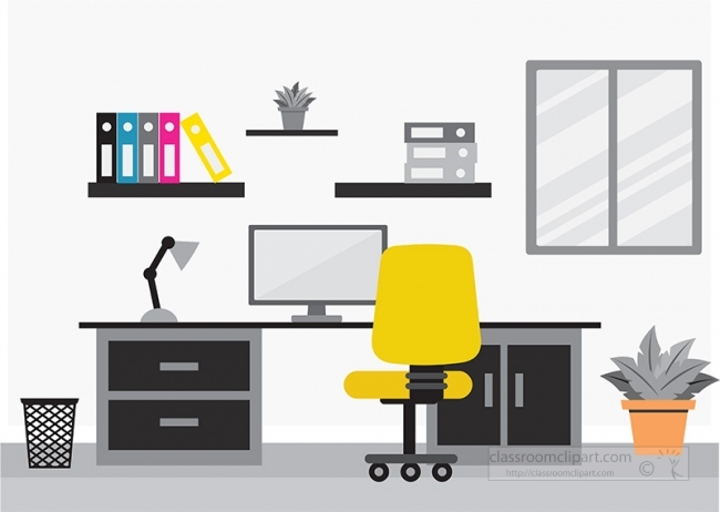 working office space with desk bookshelf computer gray color ...