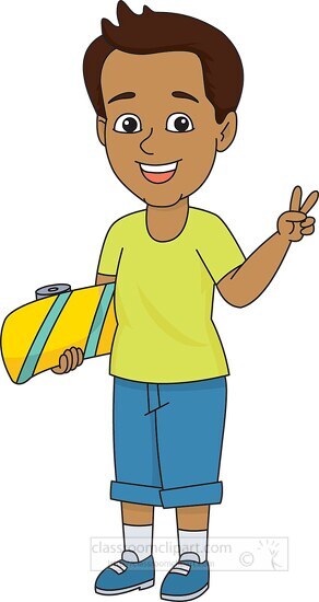 young child making peace sign while holding skateboard - Classroom Clip Art