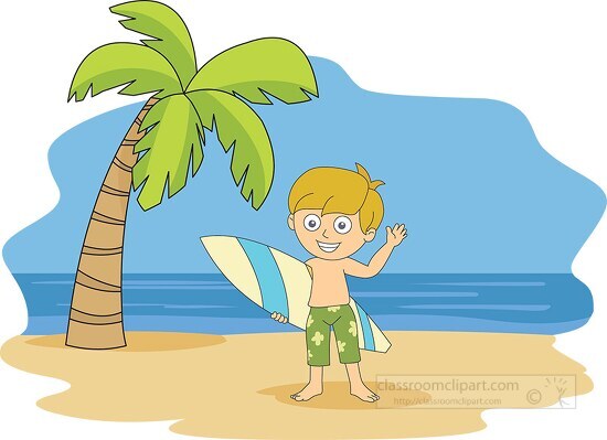 young surfer on beach waving summer clipart - Classroom Clip Art