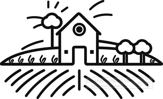 Black White Outline Clipart-farm-with-crops-black-outline