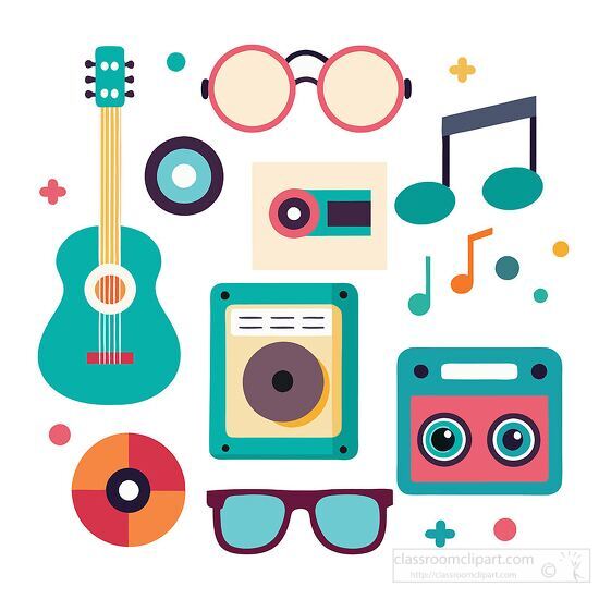 Music Clipart-mix of vintage and modern music related items with bold color