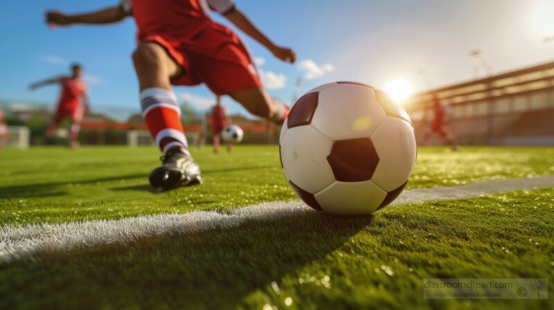 Photos-Low angle view of a soccer ball on a field with players in the b