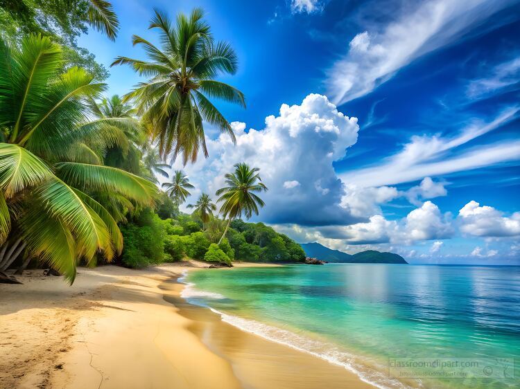 Photos-Lush palm trees shading a quiet beach with vibrant green foliage