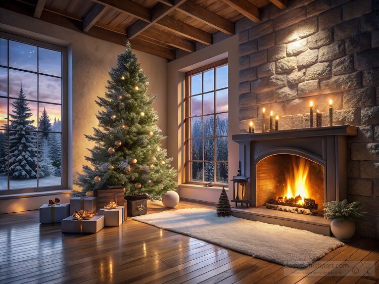 Photos-warmly lit room with a decorated Christmas tree and a glowing fi