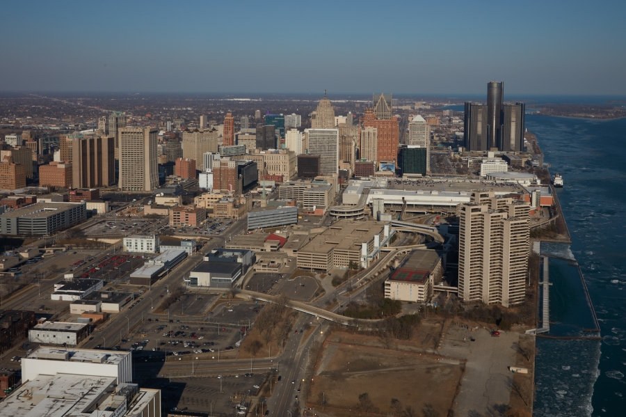 Aerial view of a portion of Detroit Michigan downtown buildings ...