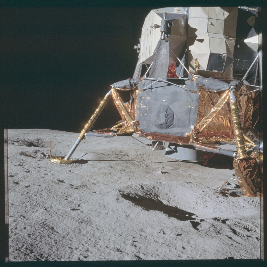 apollo 14-Right side and aft section of the lunar module near a ...