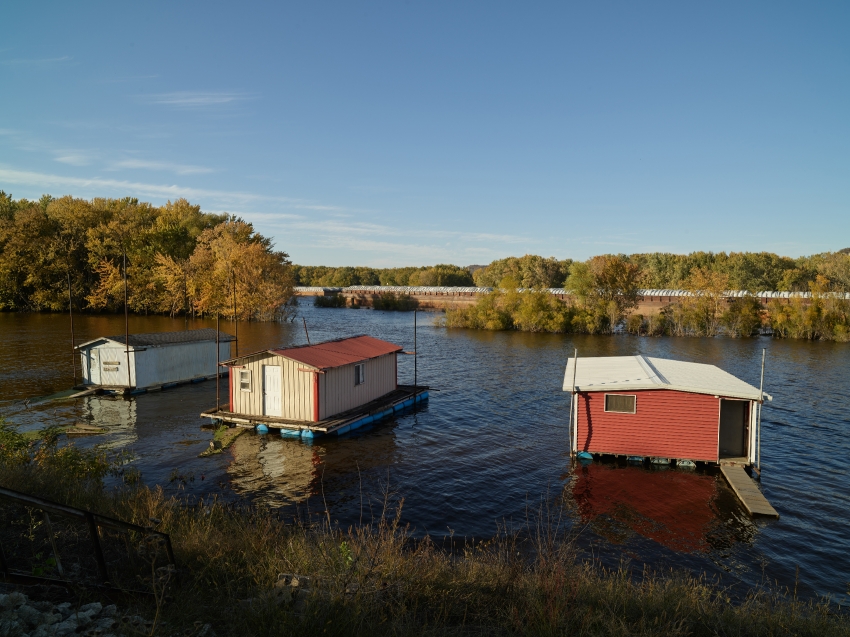 Houseboats on an offshoot channel of the Mississippi River in Wi ...