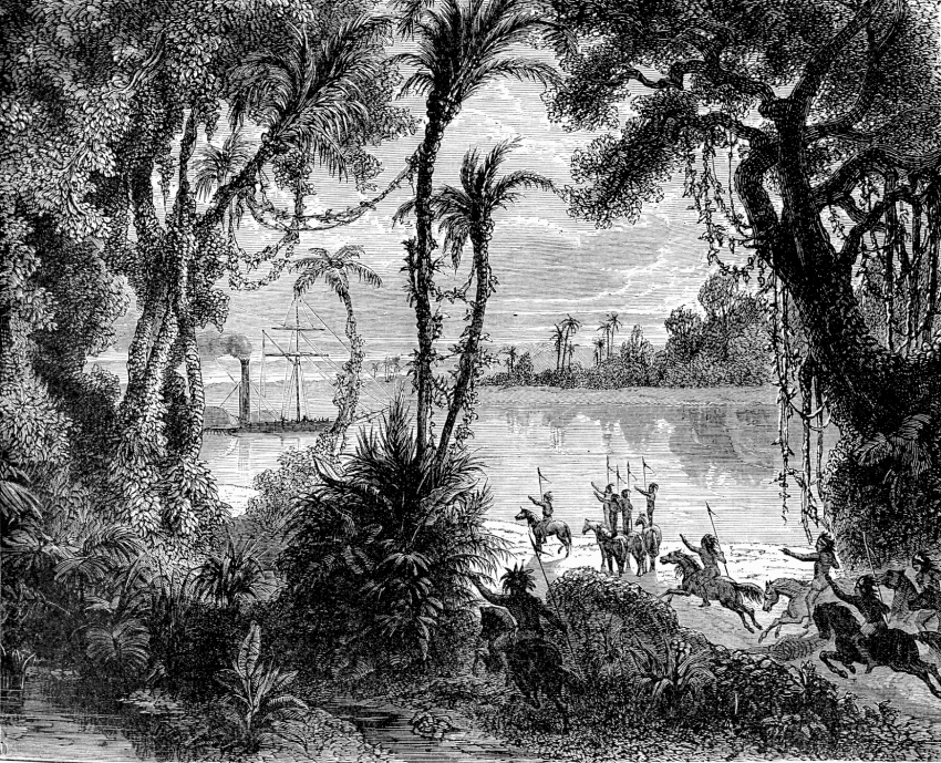 Indians of the Gran Chaco watching the first Steamer on the Verm ...