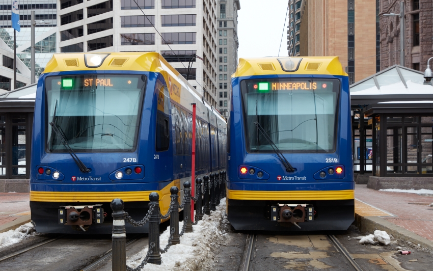Metro Transit light-rail trains pass each other in downtown Minn ...