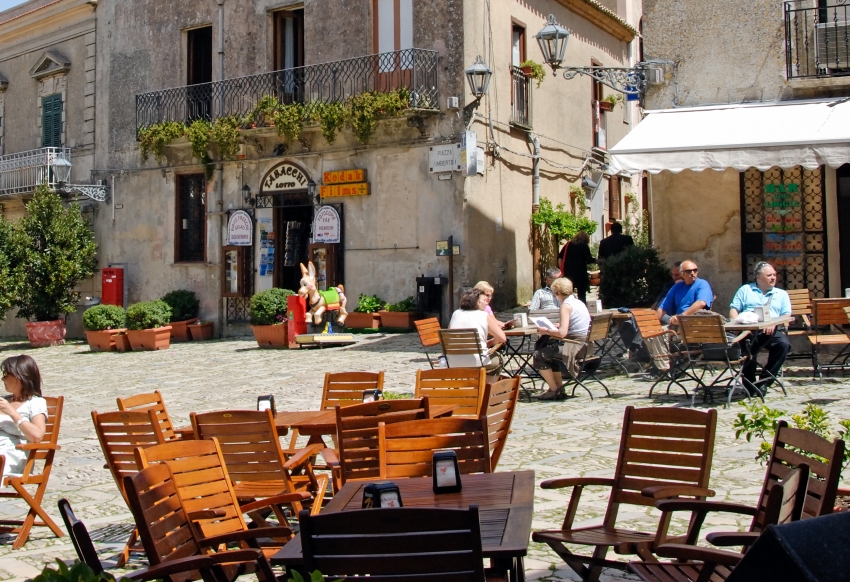 Italy Photos-people-sitting-outdoors-in-small-plaza-erice-sicily