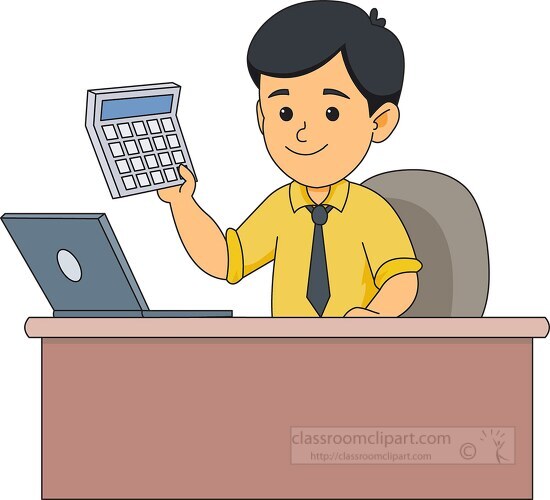 accountant at desk holding calcuator - Classroom Clip Art