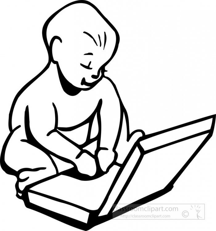 baby playing on laptop computer black outline - Classroom Clip Art