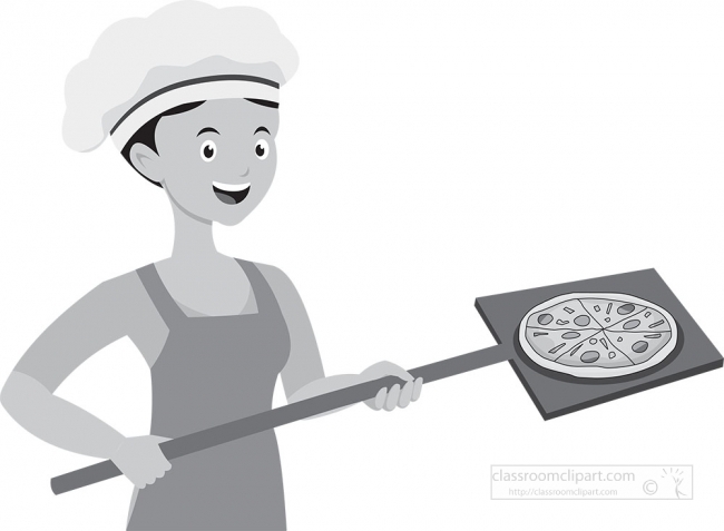 baker holding a wooden peel preparing to cook pizza - Classroom Clip Art