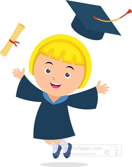 blonde hair female student jumping for joy at graduation - Classroom ...