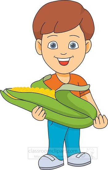 boy cartoon character holding ear of corn - Classroom Clip Art