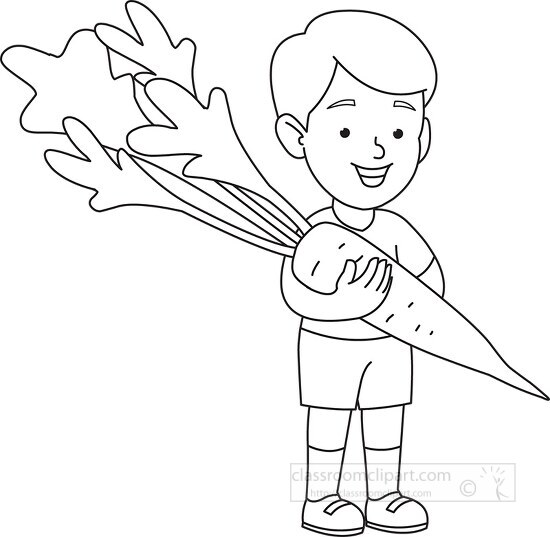 boy cartoon character holding radish black outline - Classroom Clip Art