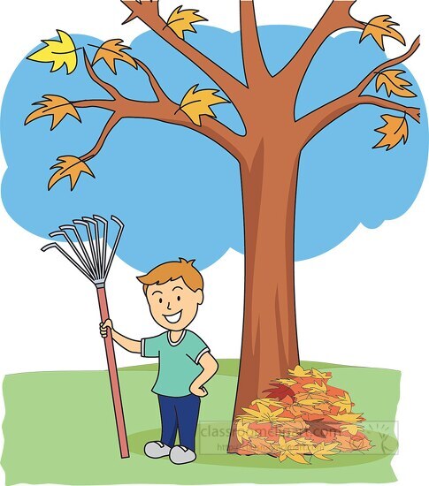 boy holding rack near pile of fall leaves clipart - Classroom Clip Art