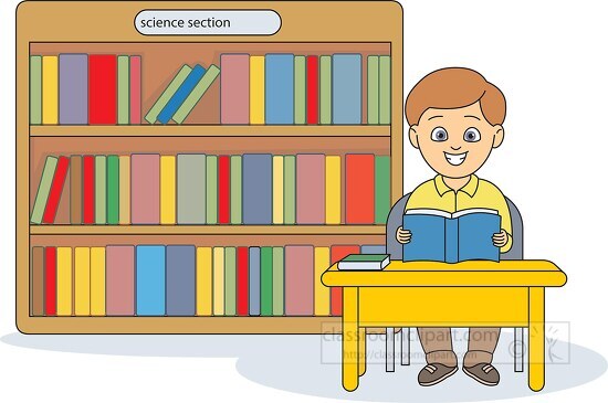 boy reading book in the library - Classroom Clip Art