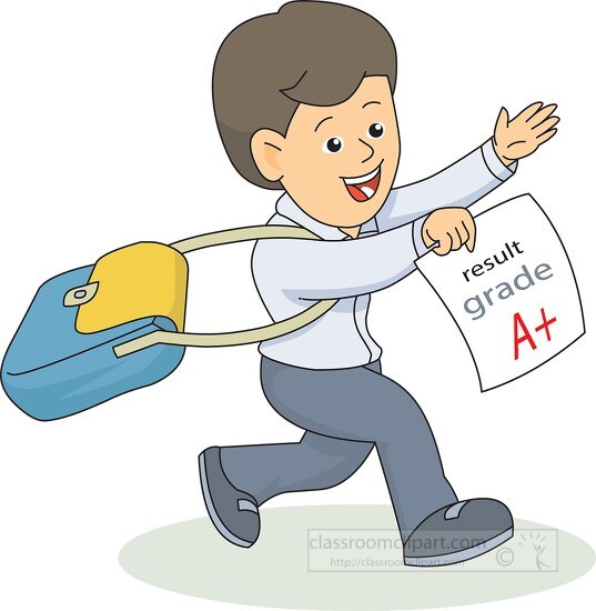 boy running happily with good grades - Classroom Clip Art